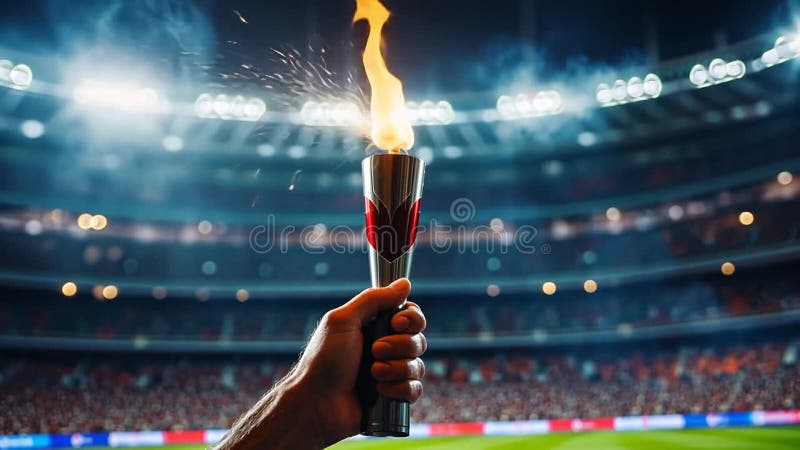 A Hand Holds a Torch with a Bright Flame Inside a Stadium Full of ...