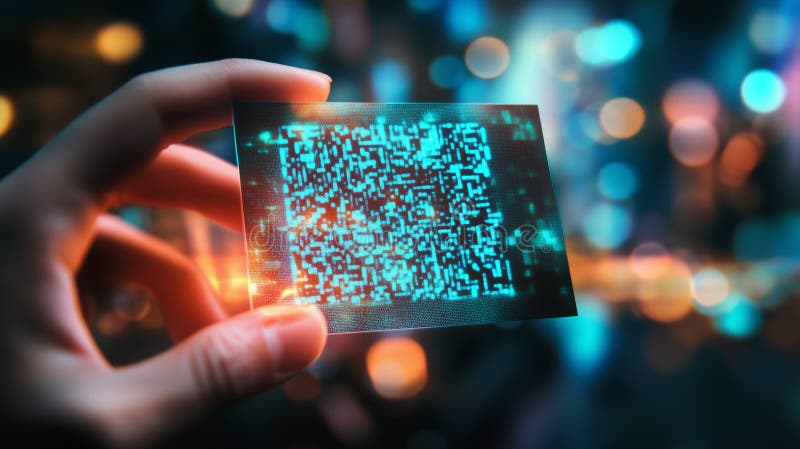 A Hand Holds a Translucent Card Displaying a QR Code with Glowing Blue ...