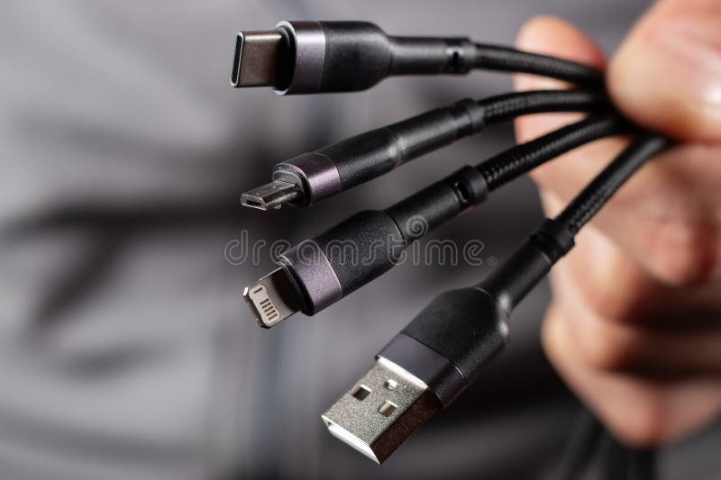 The Hand Holds a Universal USB Cable. USB Type C, Micro USB, Usb ...