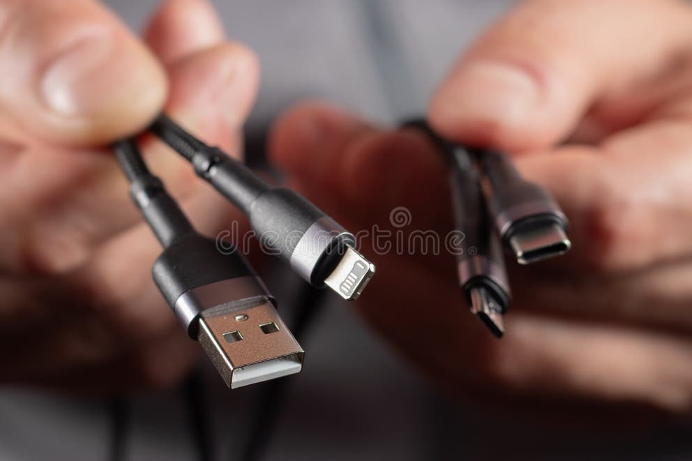 The Hand Holds a Universal USB Cable. USB Type C, Micro USB, Usb ...