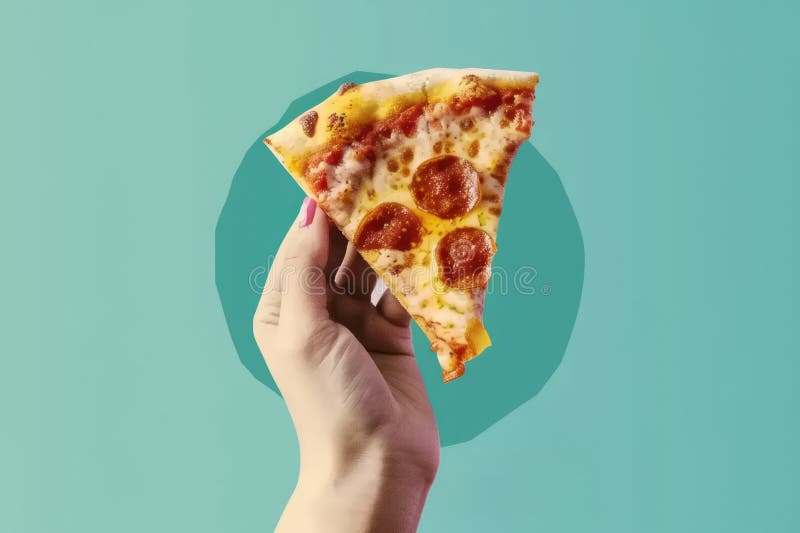 A Hand Holds Up a Slice of Pizza, Collage Illustration Concept Stock ...