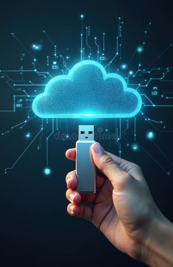 Hand Holds USB Flash Drive Next To Blue Holographic Cloud. Data Transfer, Cybersecurity, File ...