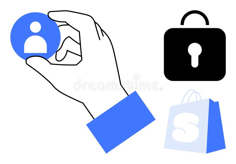 Hand Holding User Icon with Shopping Bag and Security Lock Elements ...