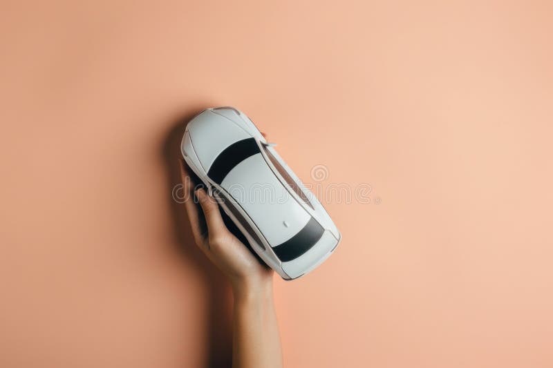 A Hand Holds a White Toy Car Against a Peach-colored Background Stock ...