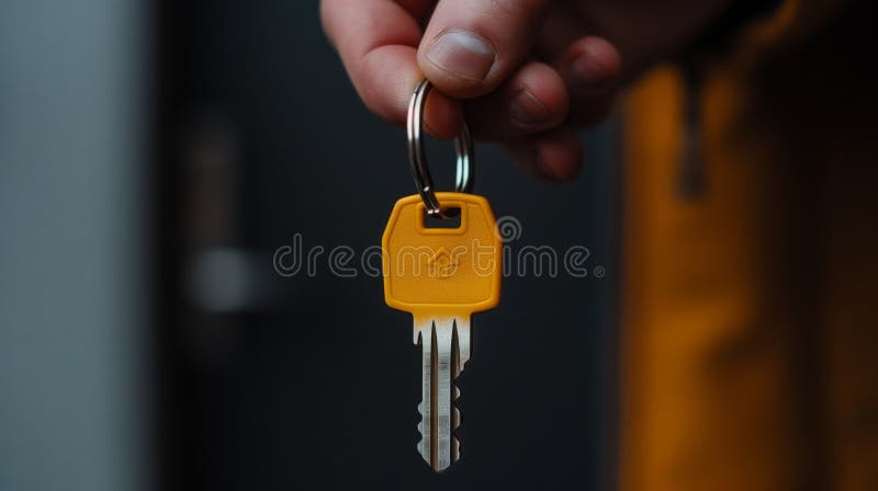A Hand Holds a Yellow House Key with a Silver Keyhole Stock Photo ...