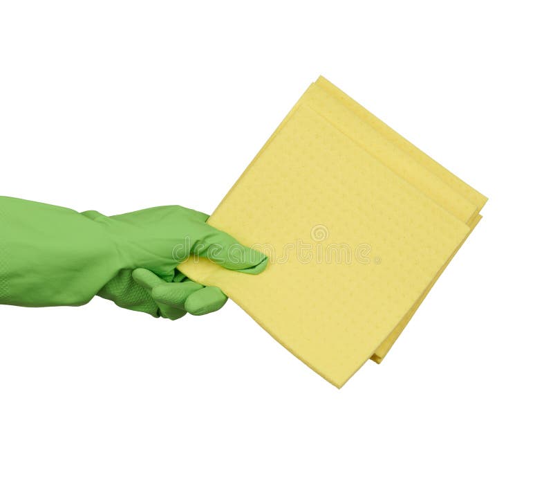 Hand Holds A Yellow Rag Sponge For Cleaning Protective Green Rubber