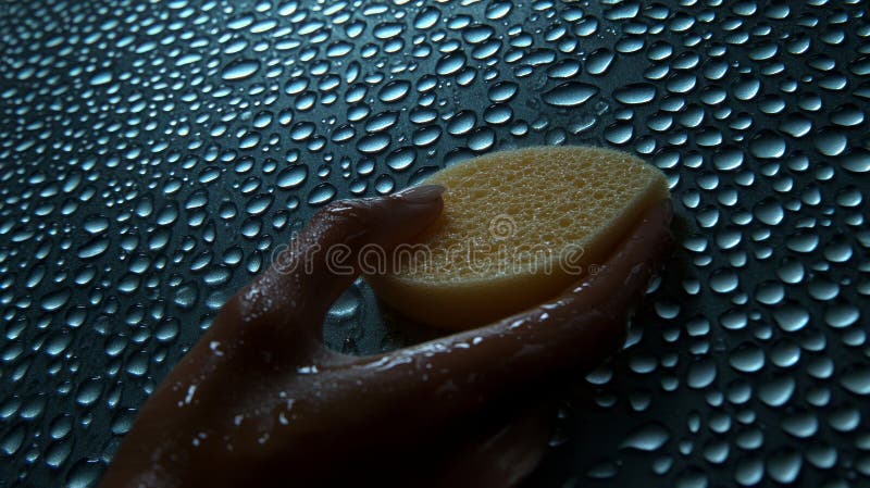 The Hand Holds a Yellow Sponge Up Against a Surface that is Blue and ...