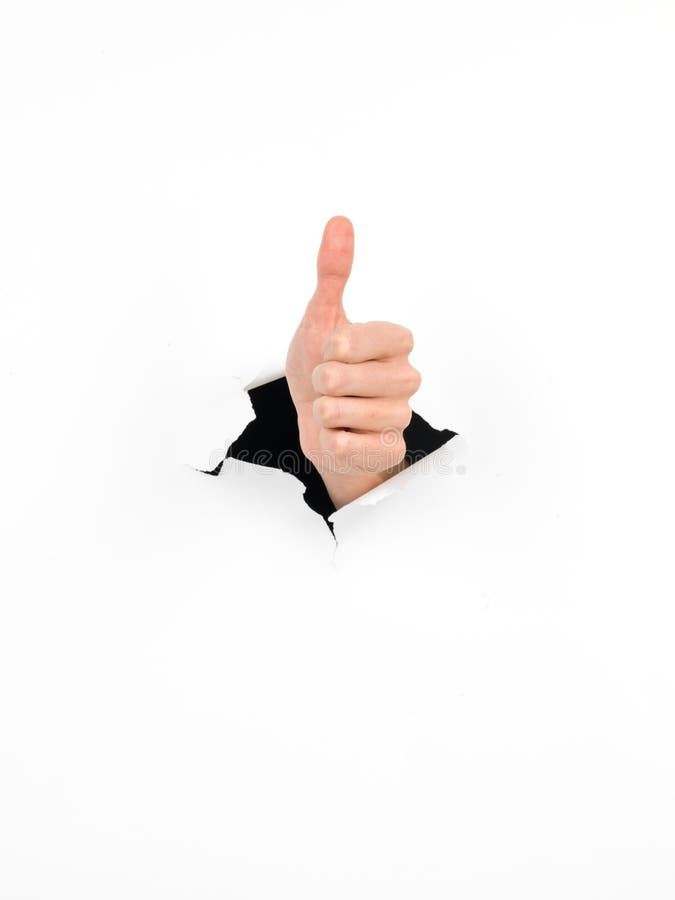 Thumb Up through a Hole in a Paper Stock Photo - Image of hole, agree ...
