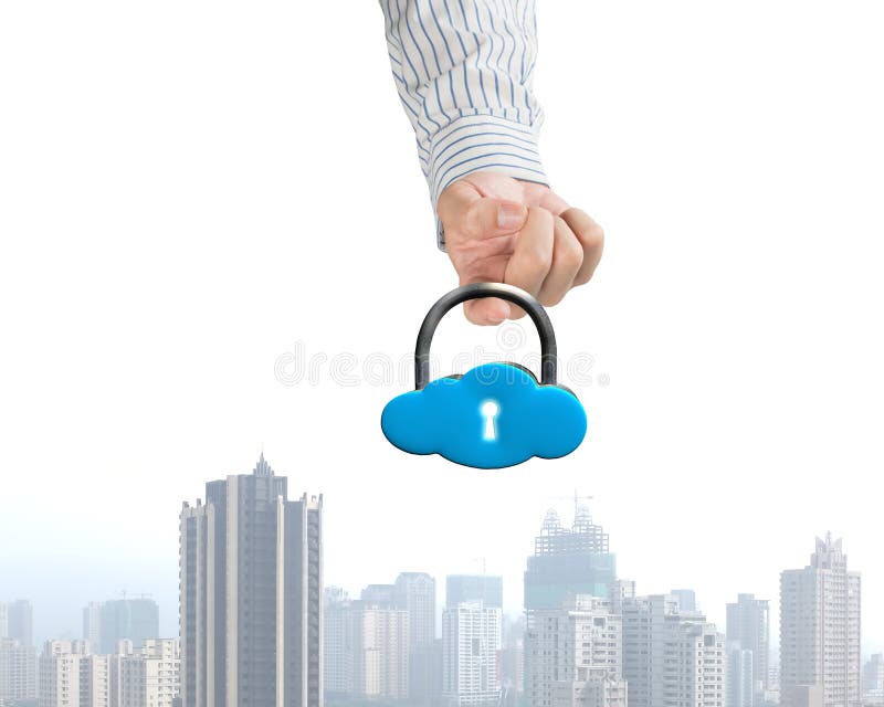 Hand Hooking Cloud Shape Lock with City View Stock Photo - Image of ...