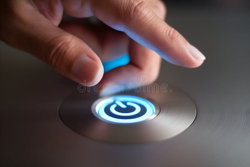 Hand Hovering Over Metallic Surface with Blue Glowing Power Button ...