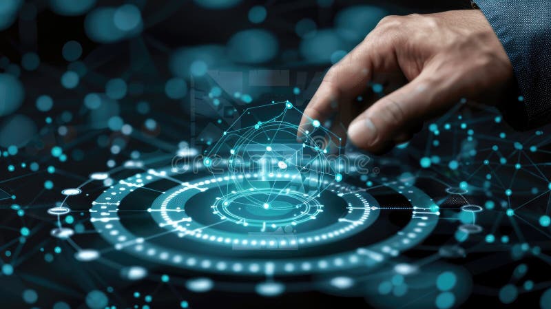 A Hand Hovers Over a Digital Sphere Connected by Illuminated Lines and ...