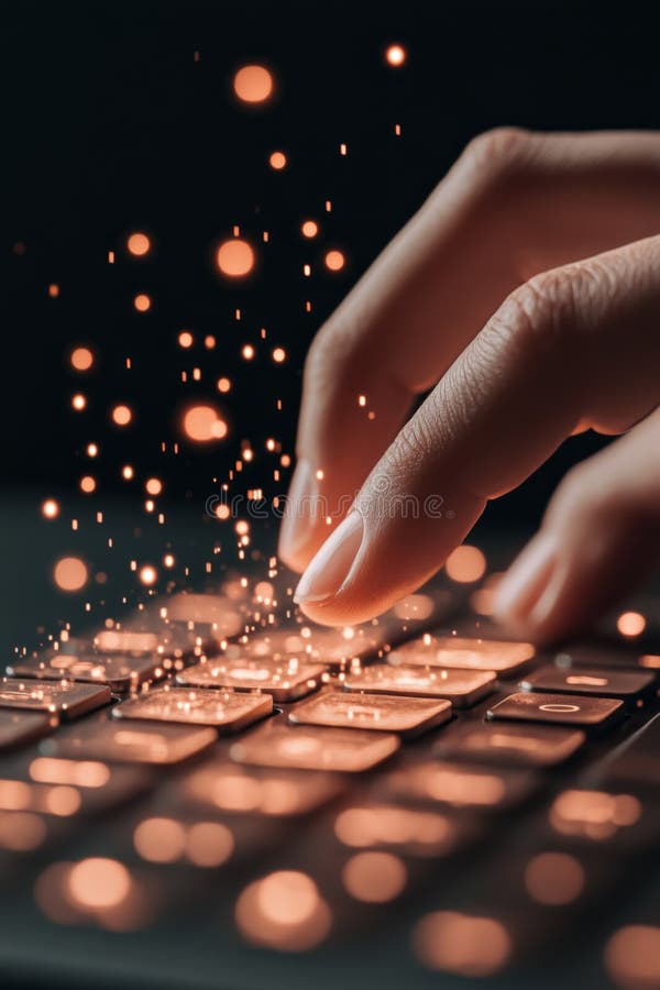A Hand Hovers Over a Glowing Keyboard, Where Fingers Create a Spark of ...
