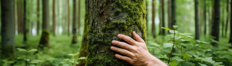 Hand Hugging the Broad Trunk of Tree with Green Vegetation in the Woods ...