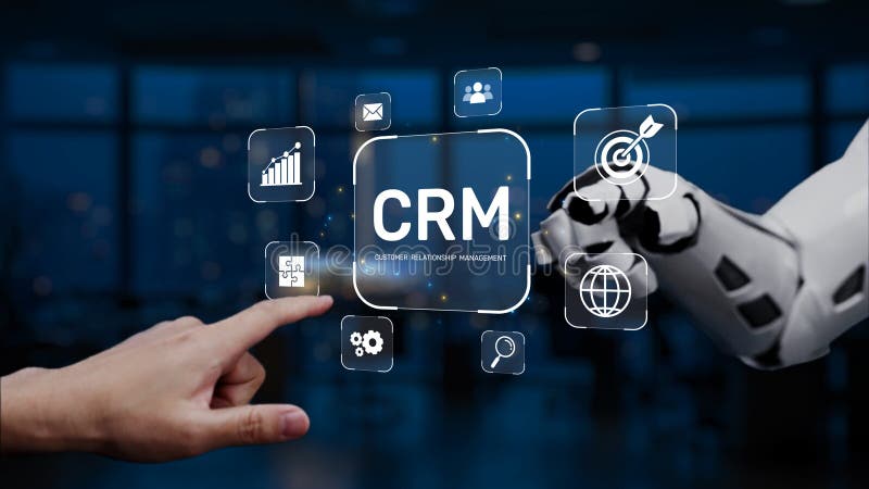 Hand of a Human and Robotic Arm Interacting with CRM Icons Representing Customer Relationship ...