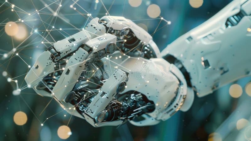 Hand of Humanoid AI Robot Against Digital Background, White Futuristic ...