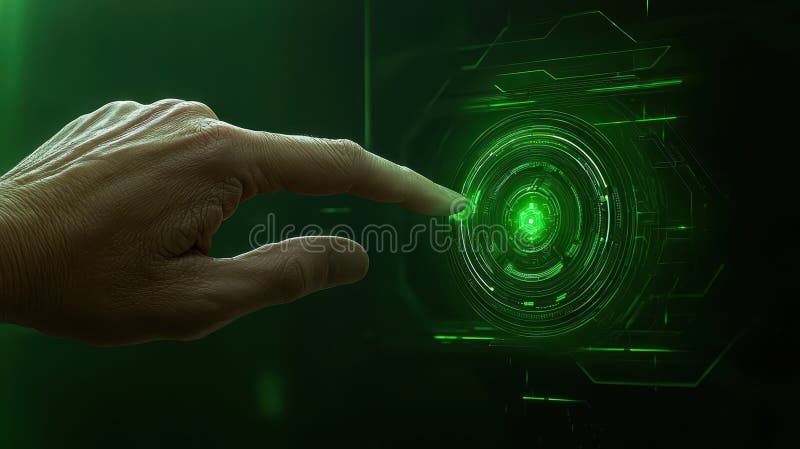 Hand Initiating Action, Pressing Green Power Button on Computer ...