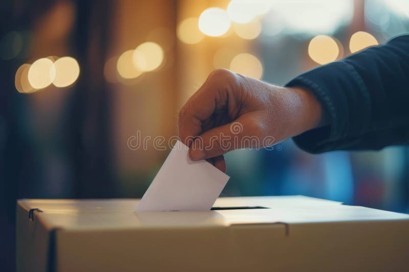 Hand Inserting Ballot into Box with Blurred Lights Background Stock ...