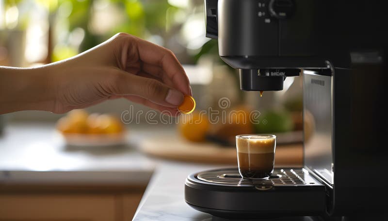 Hand Inserting a Capsule into a Coffee Machine at Home Stock Image ...