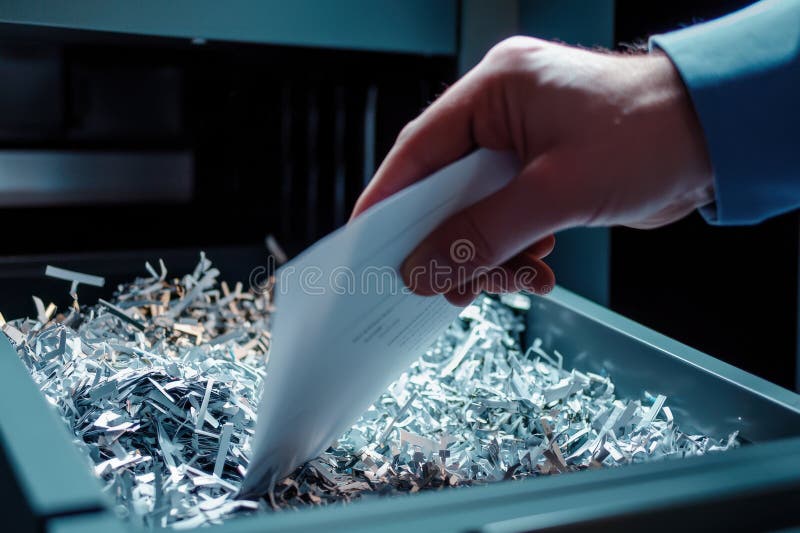 Hand Inserting Document into Shredder, Relieved Expression after ...