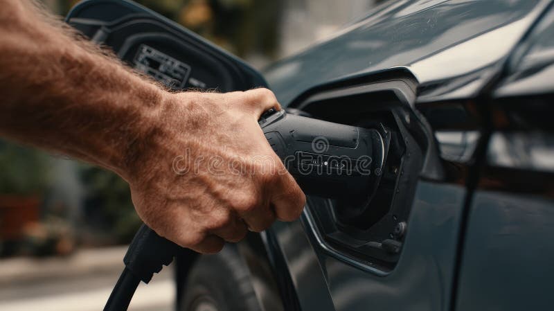Hand Inserting an EV Plug into a Car Inlet for a Charging Stock ...