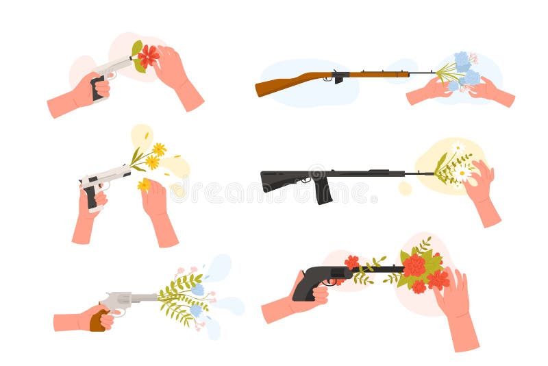 Hand Inserting Flowers into Muzzle of Gun Set, Weapon Shooting Flowers ...