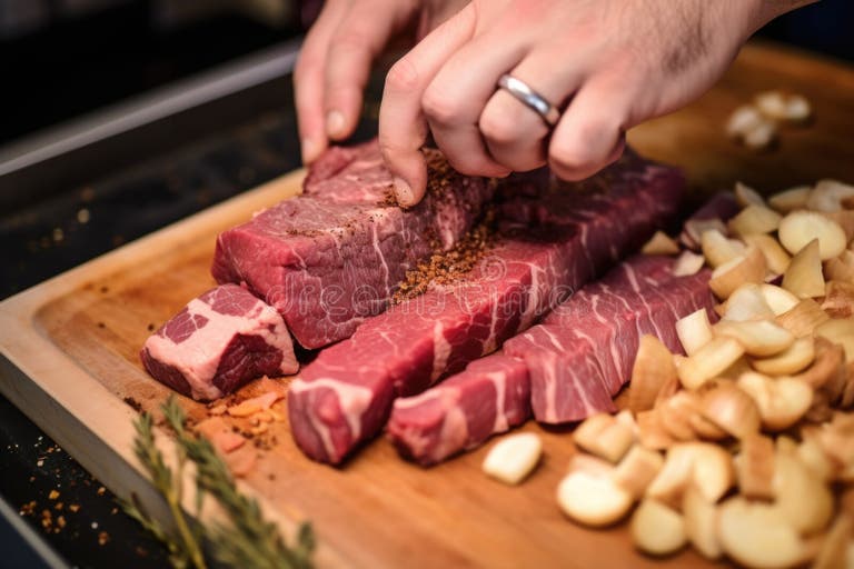 Hand Inserting Garlic Cloves in Brisket for Flavor Development Stock ...