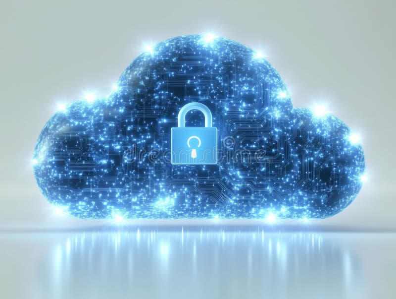 Hand Inserting a Glowing Golden Key into a Digital Cloud Lock Floating on a Transparent Surface ...