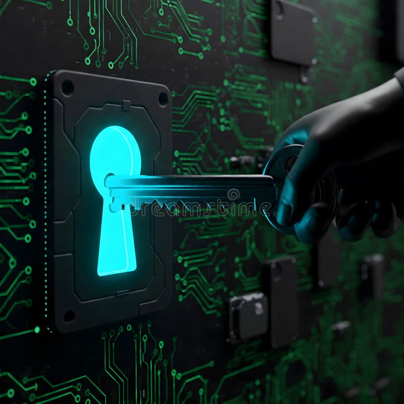 Hand Inserting a Key into a Glowing Keyhole on a Dark Surface with a ...