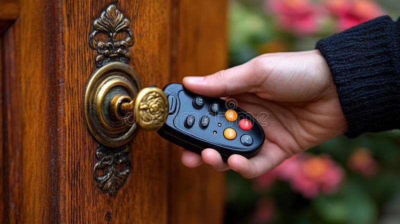 Hand Inserting a Key-shaped Remote Control into a Wooden Door Lock ...