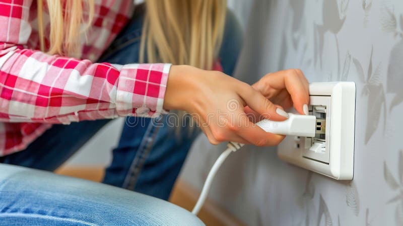 Woman Inserting Plug into an Outlet, Plugging Phone Charger into the ...