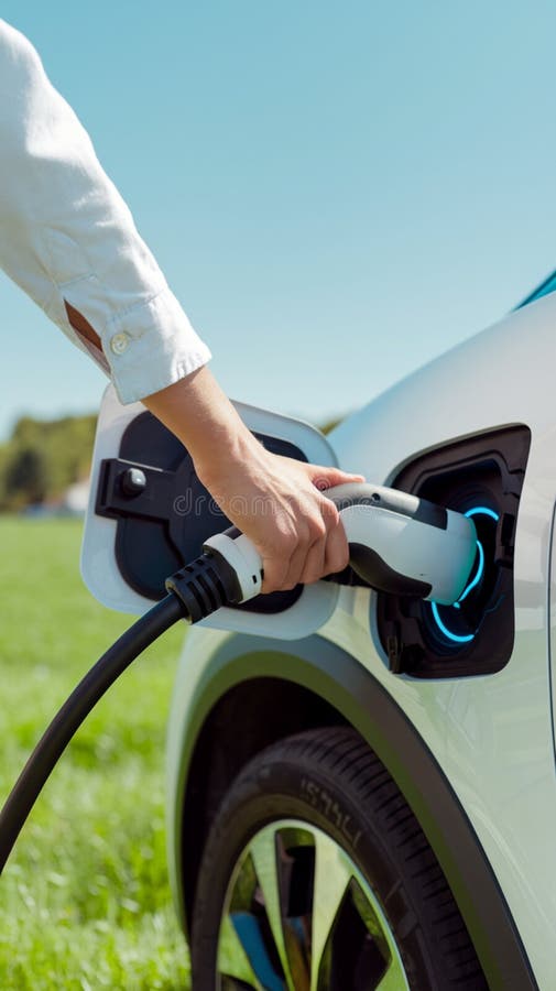 Hand Inserts Electric Plug into Vehicles Charging Port, Outdoor Setting ...