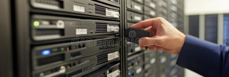 Hand Inserts Memory into Server with Data Processing and Storage ...