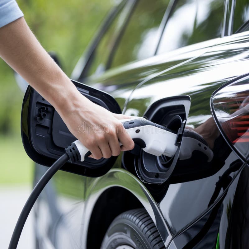 Hand Inserts Plug into Black Electric Vehicle, Sleek Car Emphasized ...