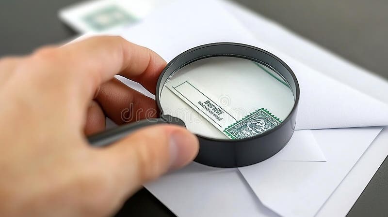 Hand Inspects Postage Stamp on Mail, Close-up Stock Image - Image of ...