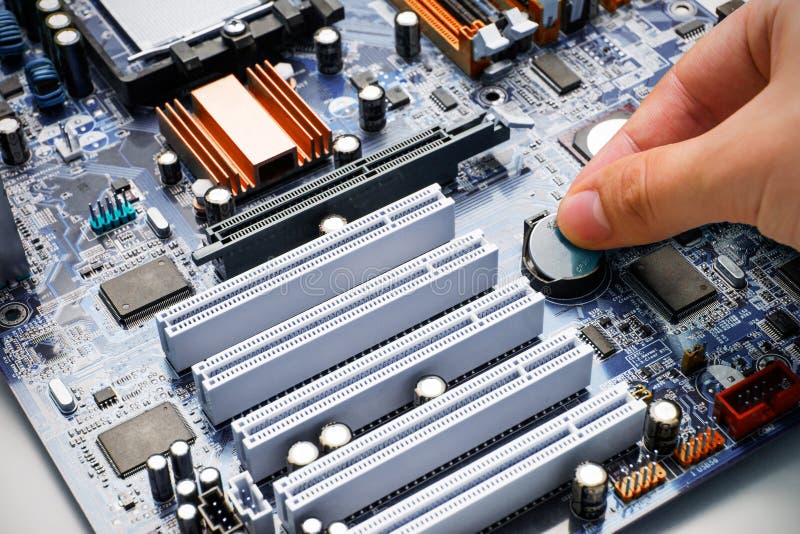 Hand Install Battery To Computer Mainboard Stock Photo - Image of ...