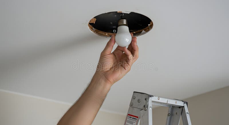 Hand Installing Light Bulb into Ceiling Fixture Stock Illustration ...