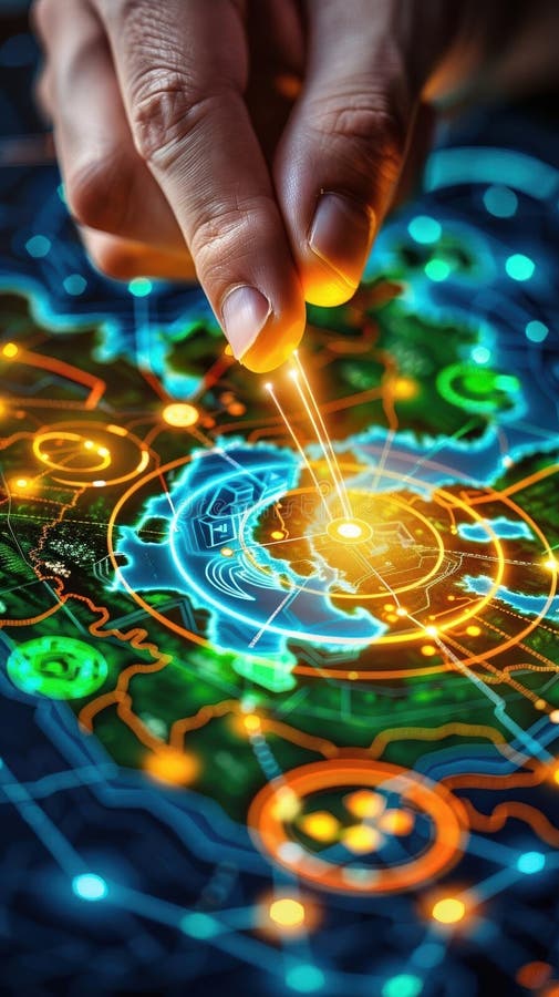 Hand Interacting with an Advanced Touch Screen Map, Showcasing Dynamic ...