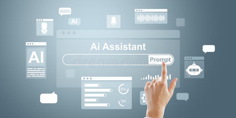 Hand Interacting with AI Assistant Interface on Digital Screen Stock ...