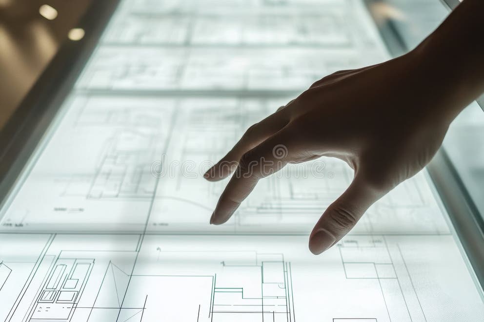 Hand Interacting with Architectural Blueprint Display Stock ...