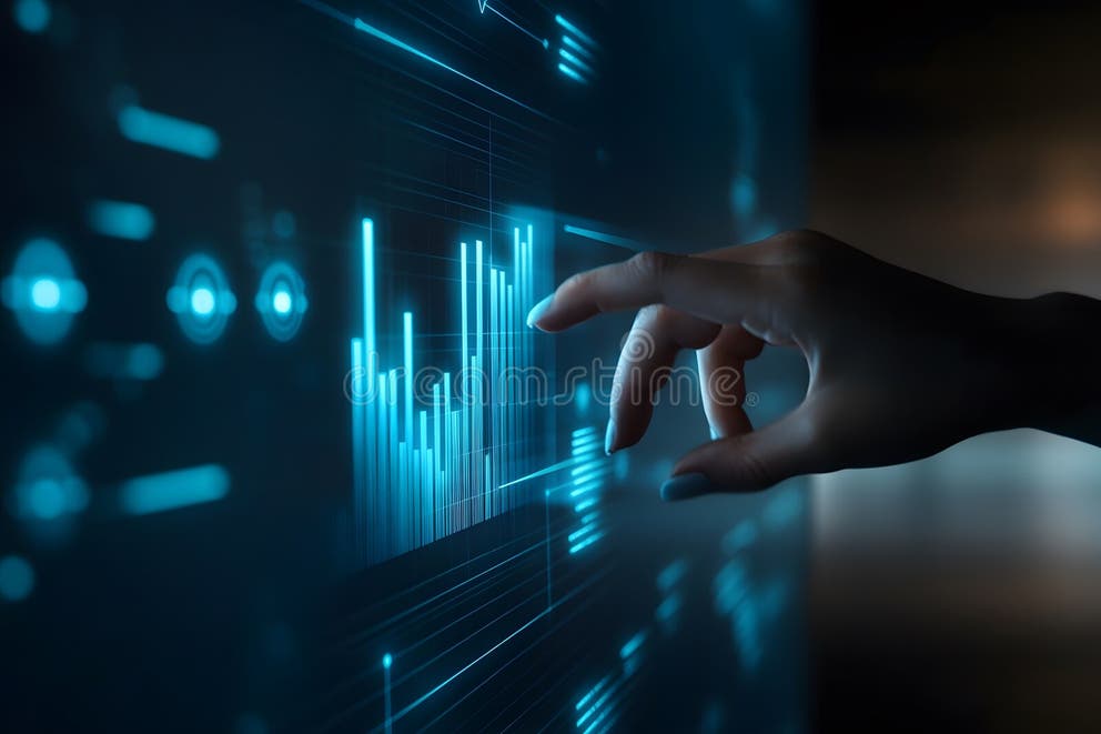 Hand Interacting with a Blue Digital Interface Showing a Bar Graph ...