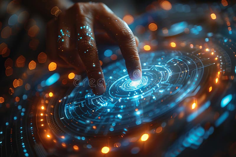 A Hand is Interacting with a Button on a Hightech Screen in a Scifi ...