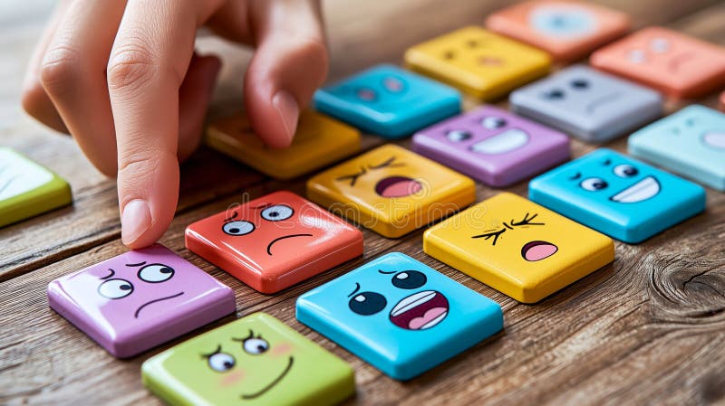 Hand Interacting with Colorful Emotion Expression Tiles Stock Photo ...