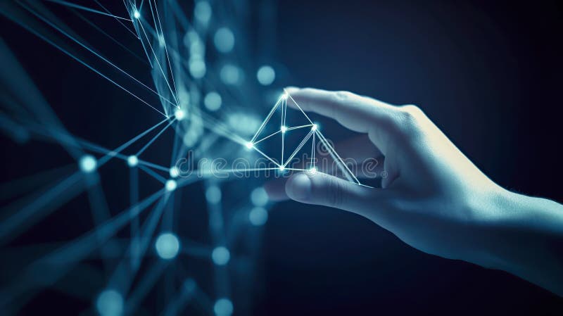 A Hand Interacting with a Complex, Glowing Network of Lines and Dots in ...