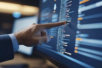 Hand Interacting with Computer Code on Dark Screen Stock Image - Image ...