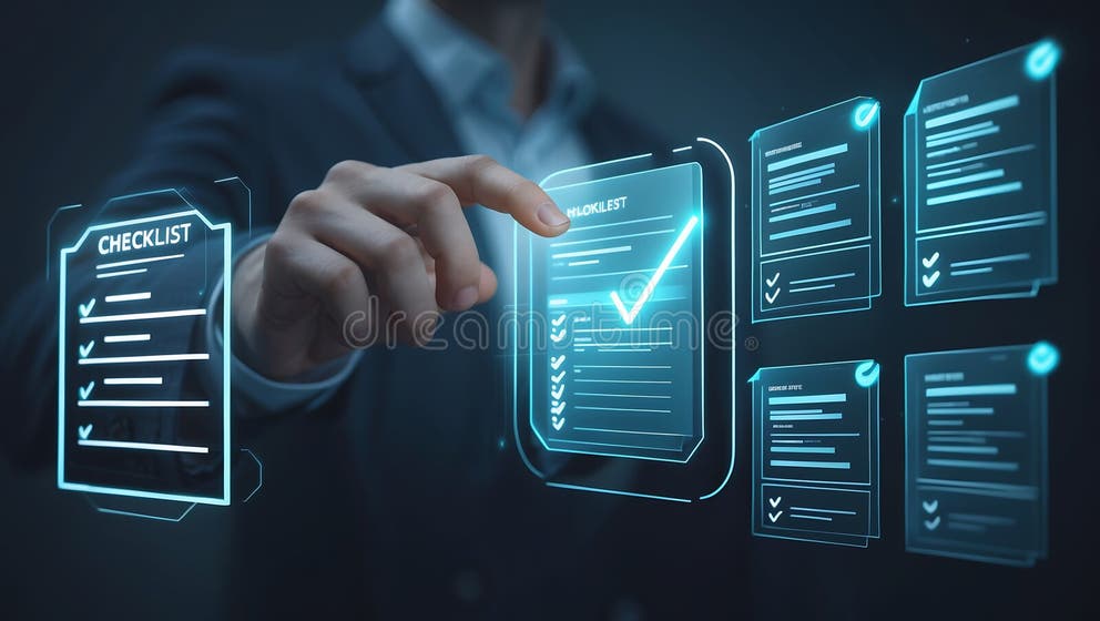Hand Interacting with Cyan Holographic Checklists Digital Task ...