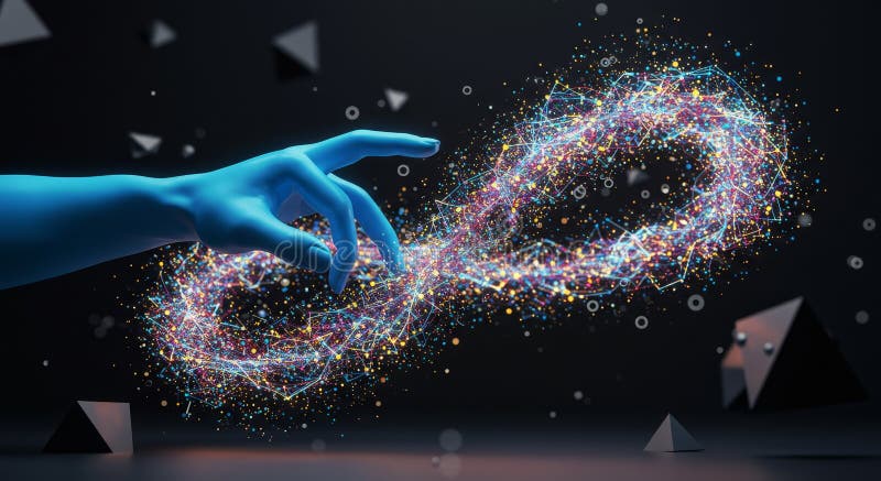 Hand Interacting with Data Flow a Blue Hand Gently Interacts with a Swirling Colorful Data ...
