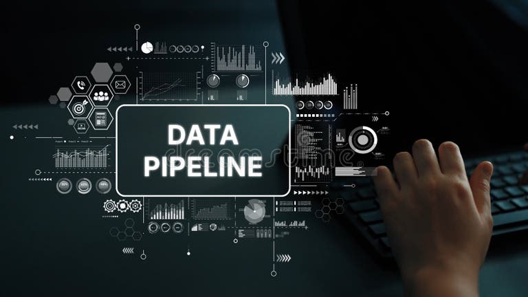 Hand Interacting with Data Pipeline Graphics, Showcasing Visual Analytics, Data Flow, and ...