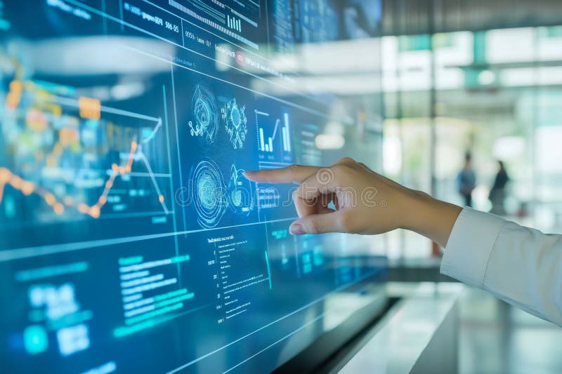 Hand Interacting with a Data Visualization Screen Stock Illustration ...