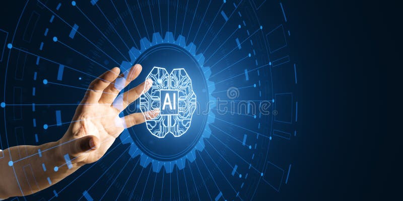 Hand Interacting with Digital AI Brain Interface on a Dark Blue ...