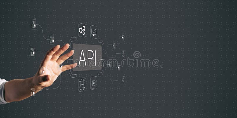 Hand Interacting with Digital API Interface on a Dark Background Stock Photo - Image of business ...